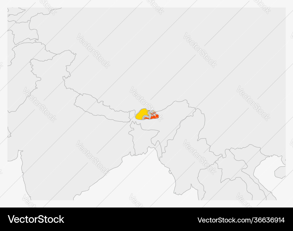 Bhutan map highlighted in flag colors Royalty Free Vector