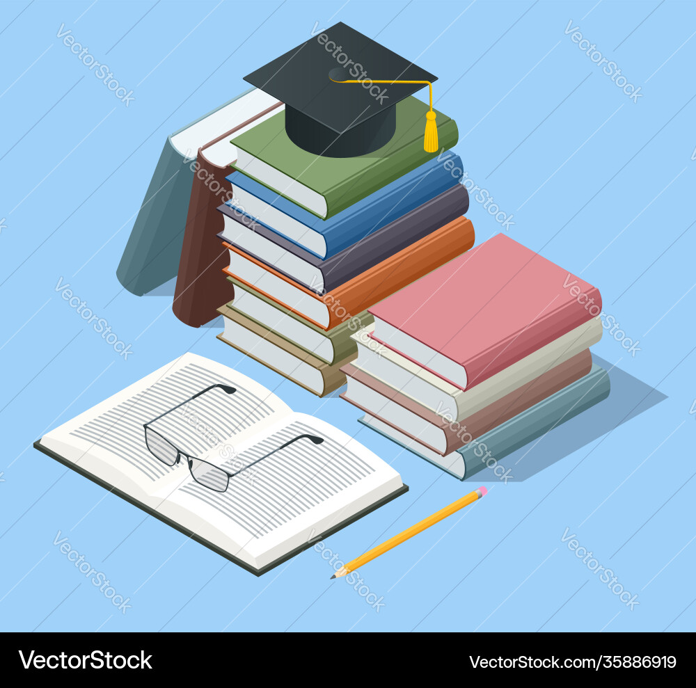 Isometric stacks books and diploma on white Vector Image