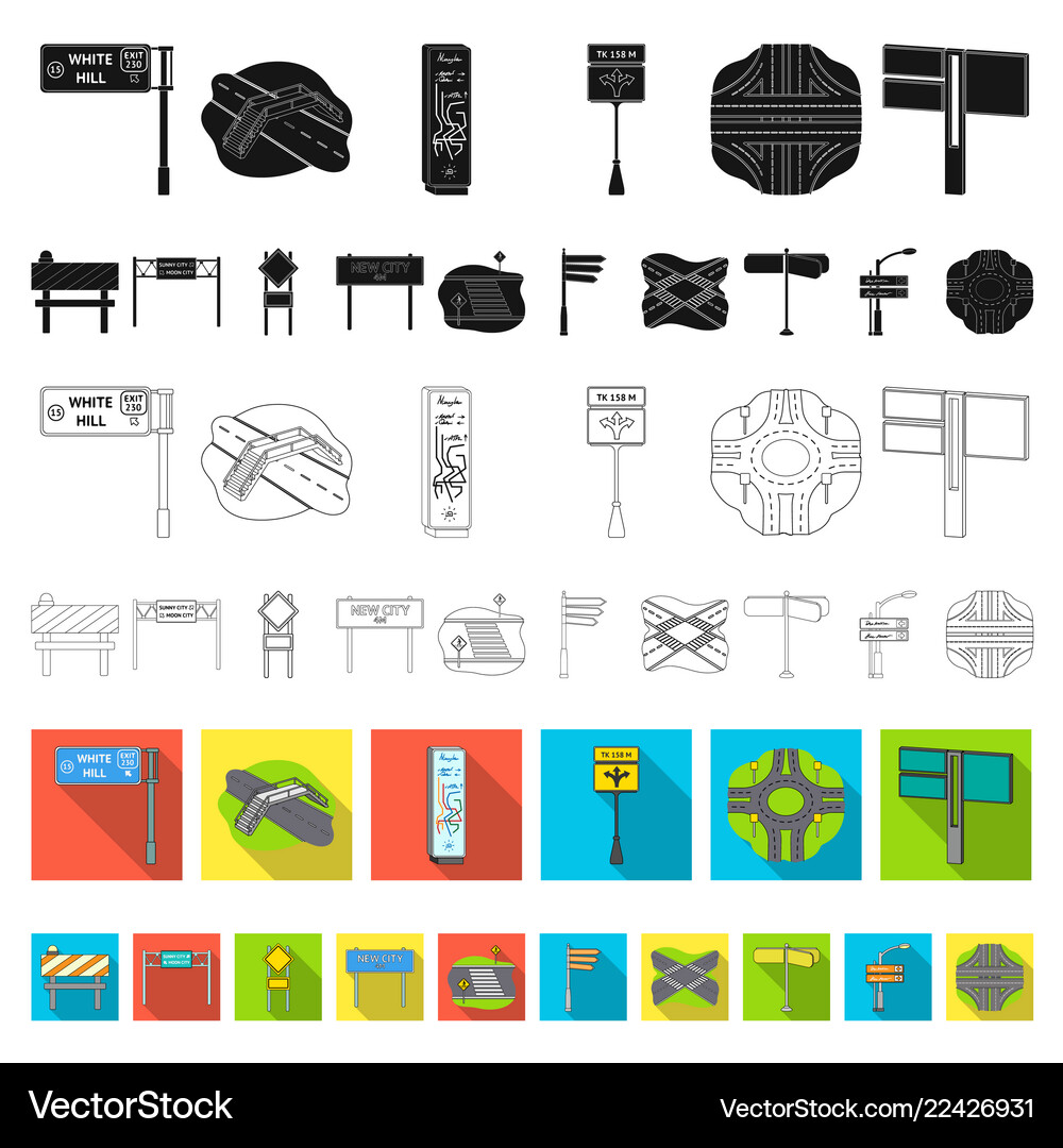 Road junctions and signs flat icons in set Vector Image
