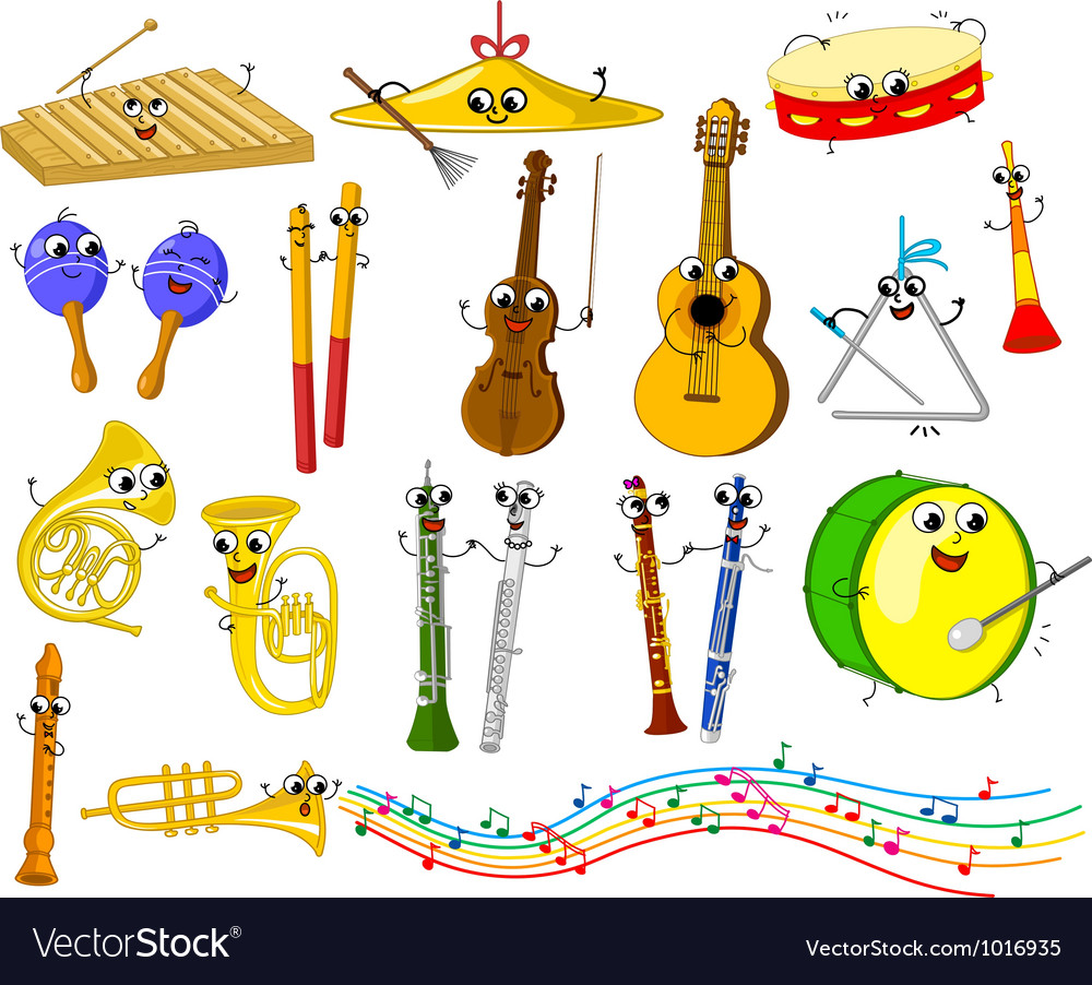 Set of funny cartoon musical instruments for kids Vector Image