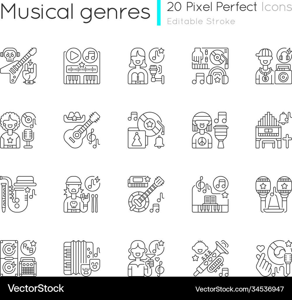 Musical genres pixel perfect linear icons set Vector Image