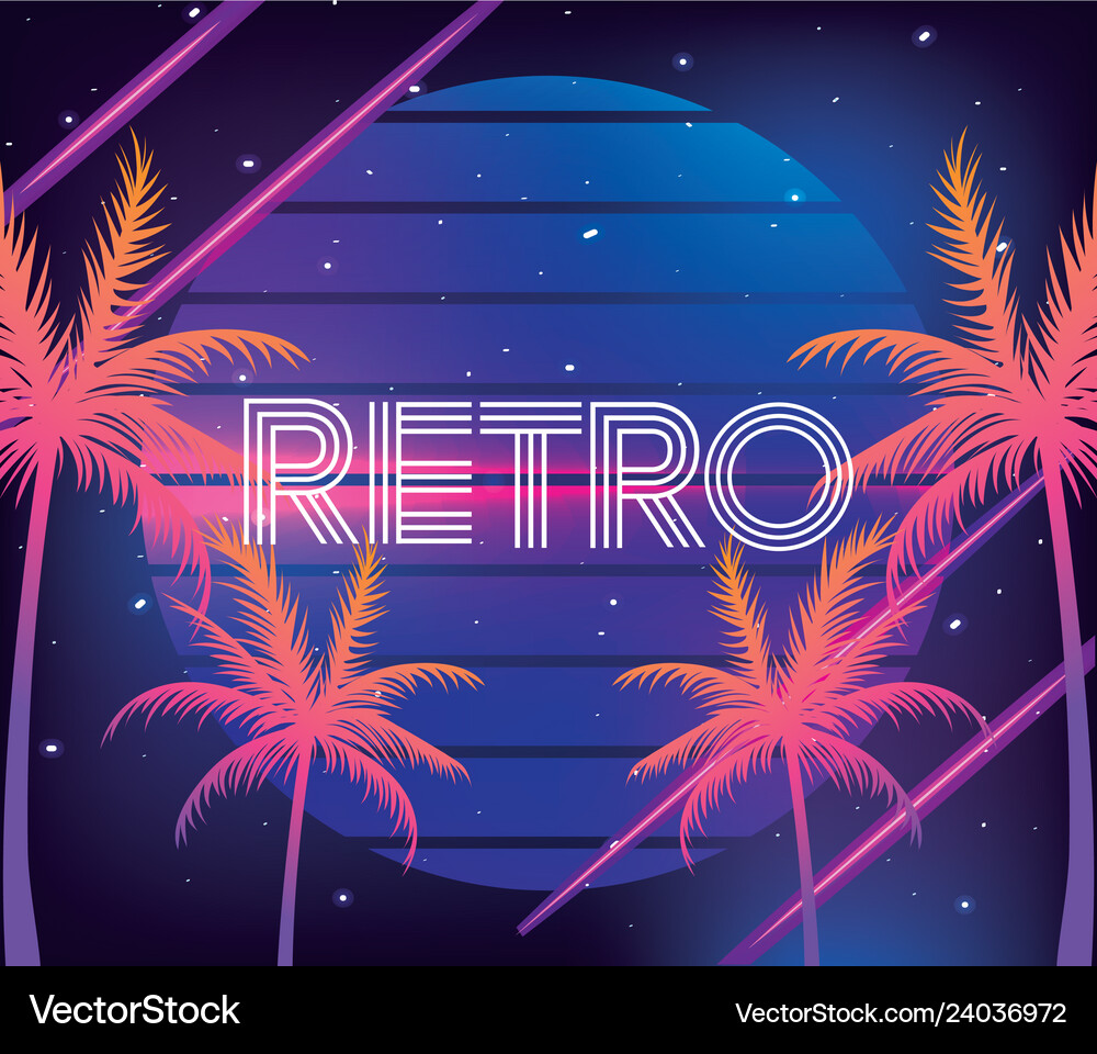 Retro neon palms and geometric graphic Royalty Free Vector