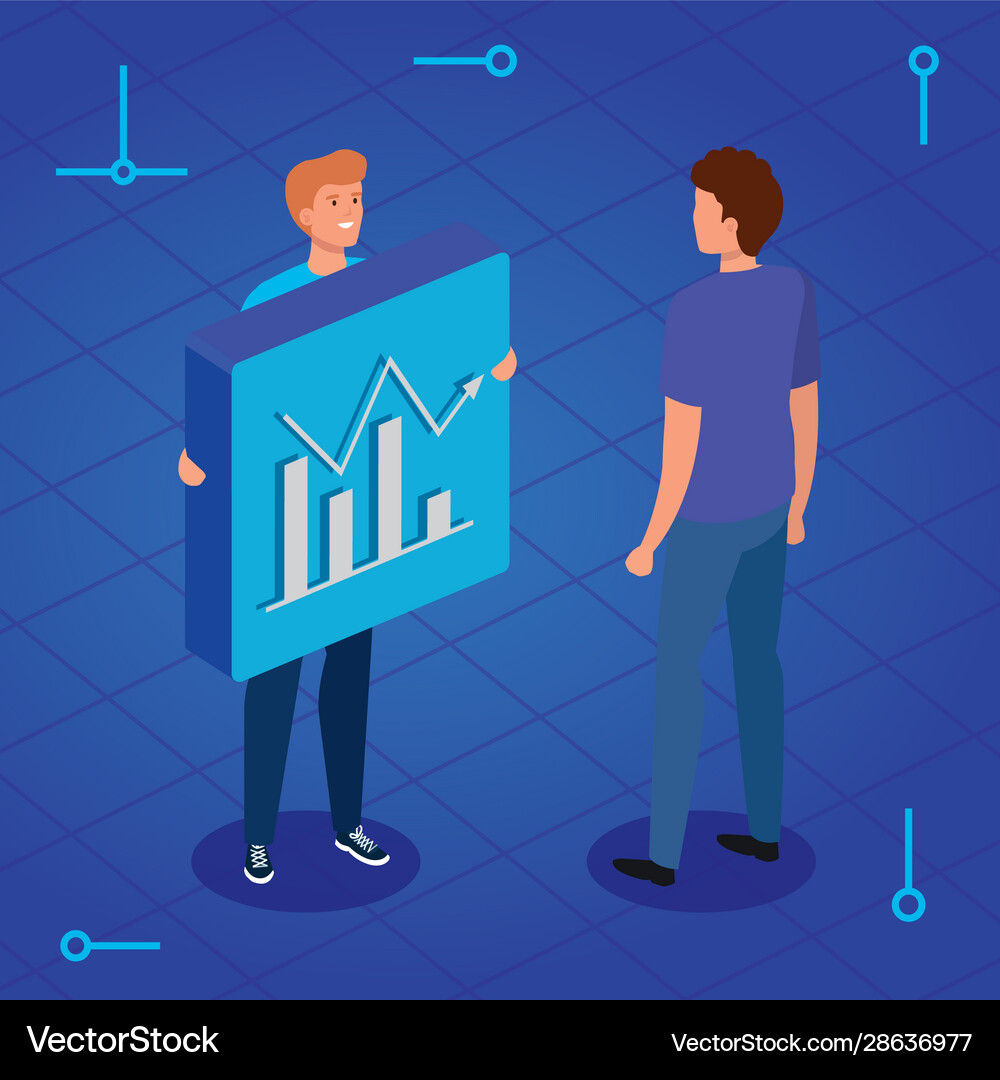 Young men and button with bars statistical graph Vector Image