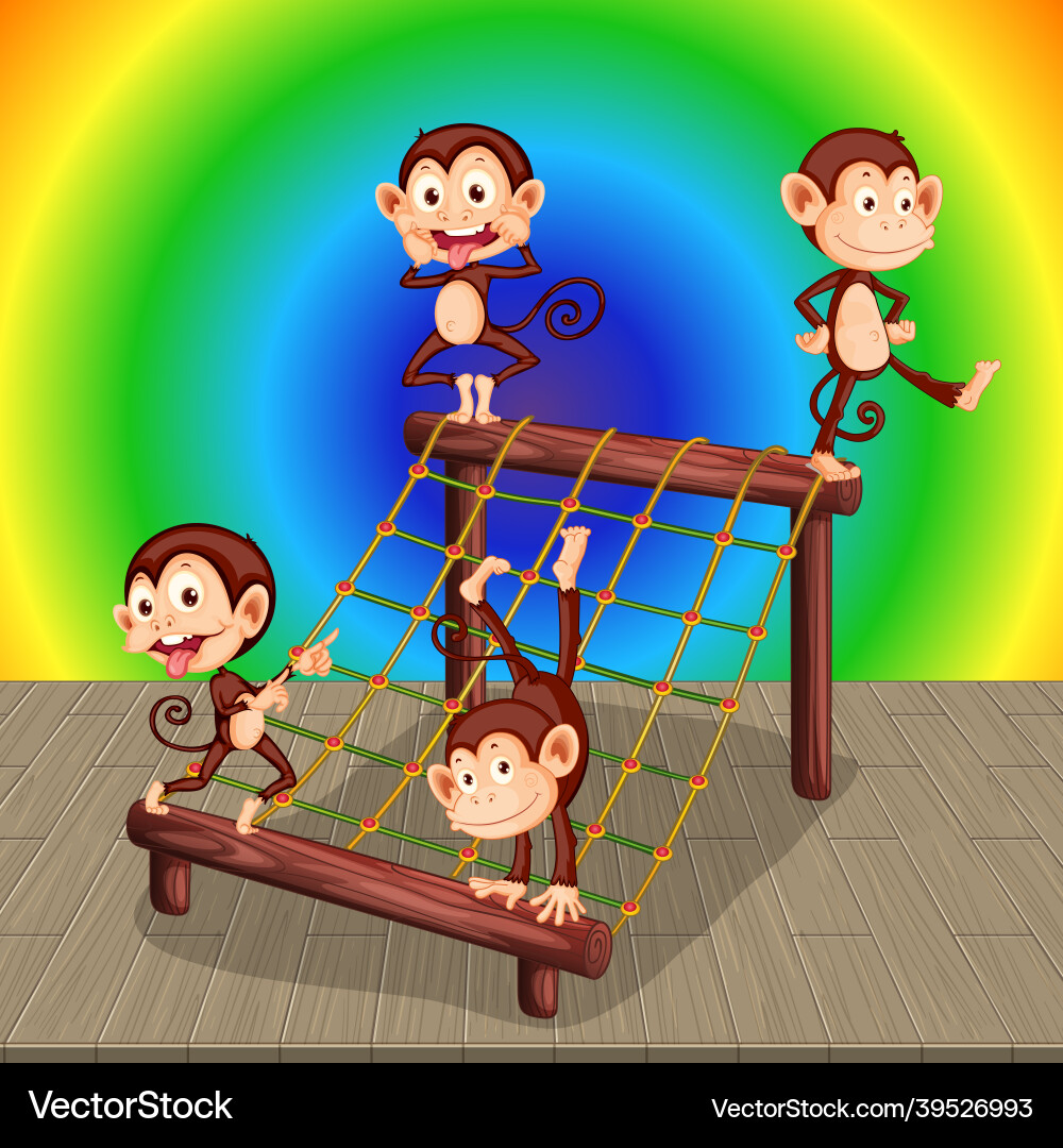 Monkeys with climbing net on rainbow gradient Vector Image