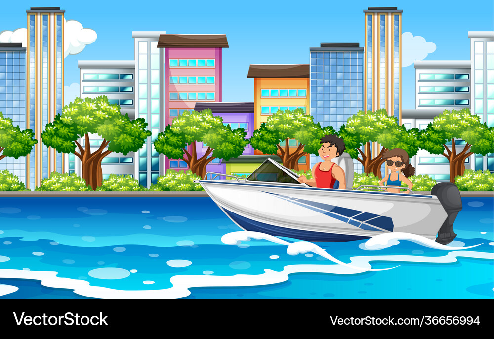 River scene with a couple on a speed boat Vector Image