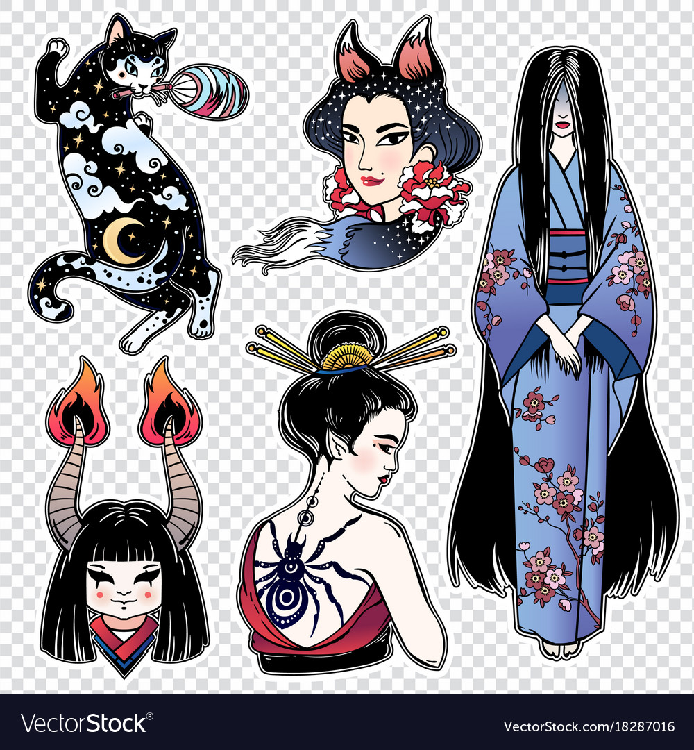 Set of japanese folklore yokai spirits demons Vector Image Set of japanese folklore yokai spirits demons Vector Image