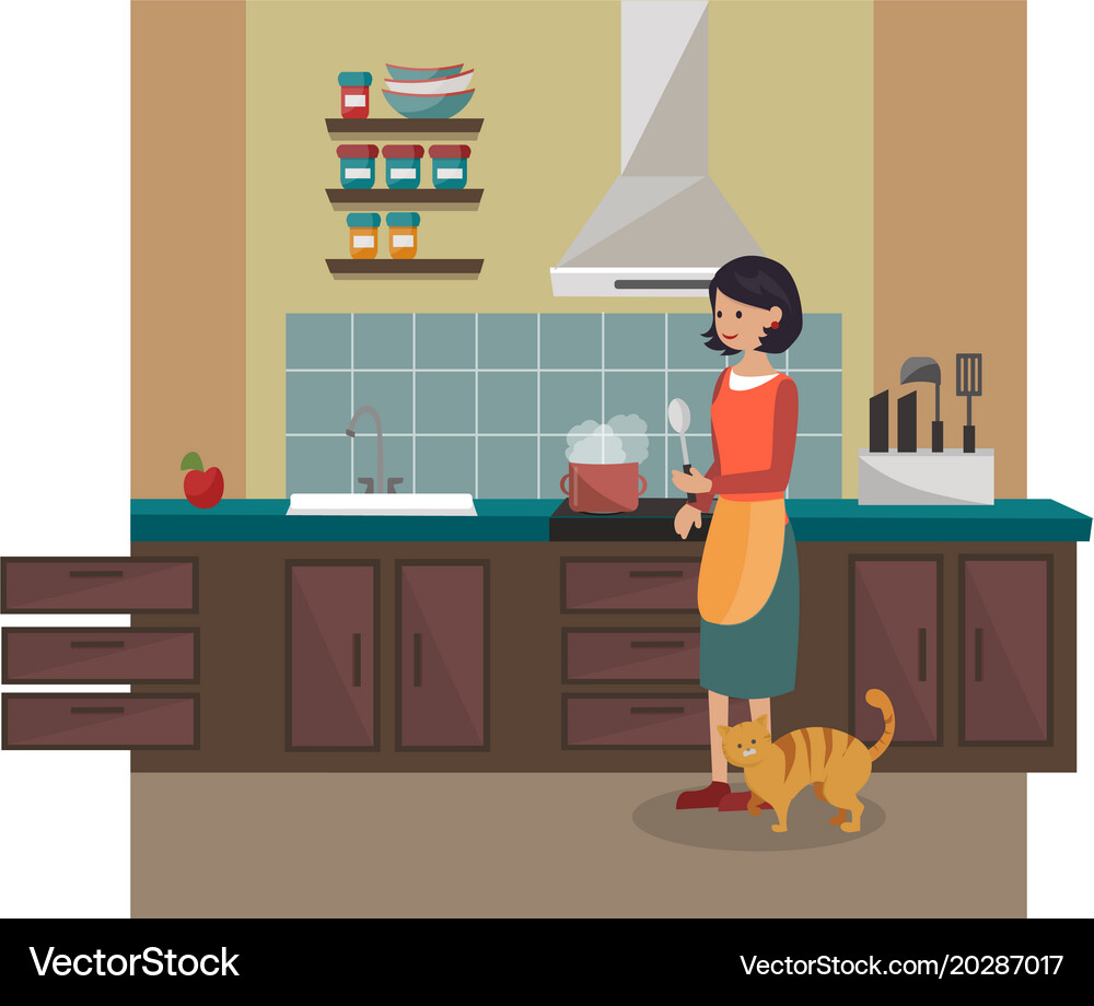 A woman is cooking dinner kitchen interier Vector Image