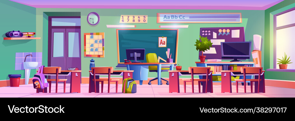 Elementary school empty classroom with desks Vector Image