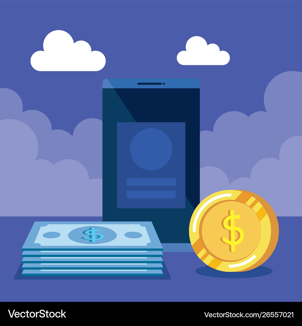 Smartphone technology with bills and coin money Vector Image