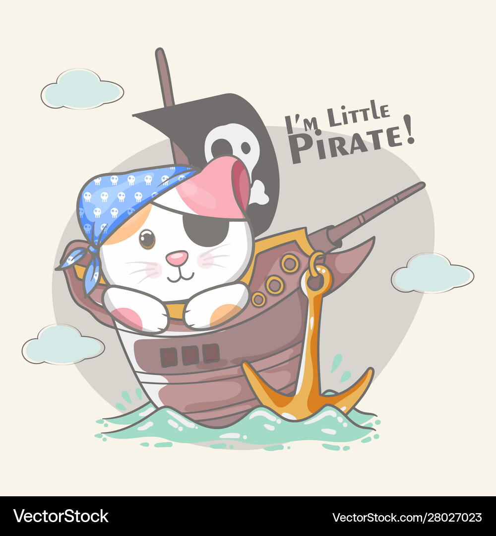 Hand drawn cute pirate cat for kids Royalty Free Vector