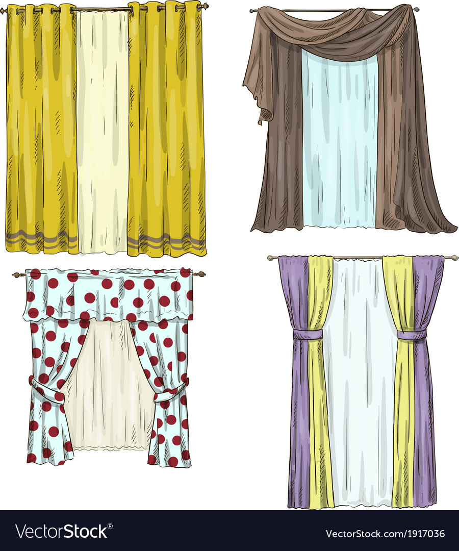 Set Of Curtains Interior Details Cartoon Style Vector Image