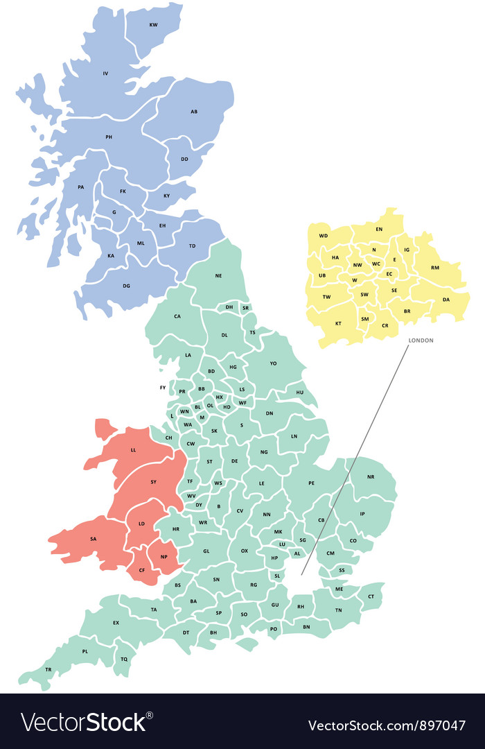 Postcode Map of UK Royalty Free Vector Image - VectorStock