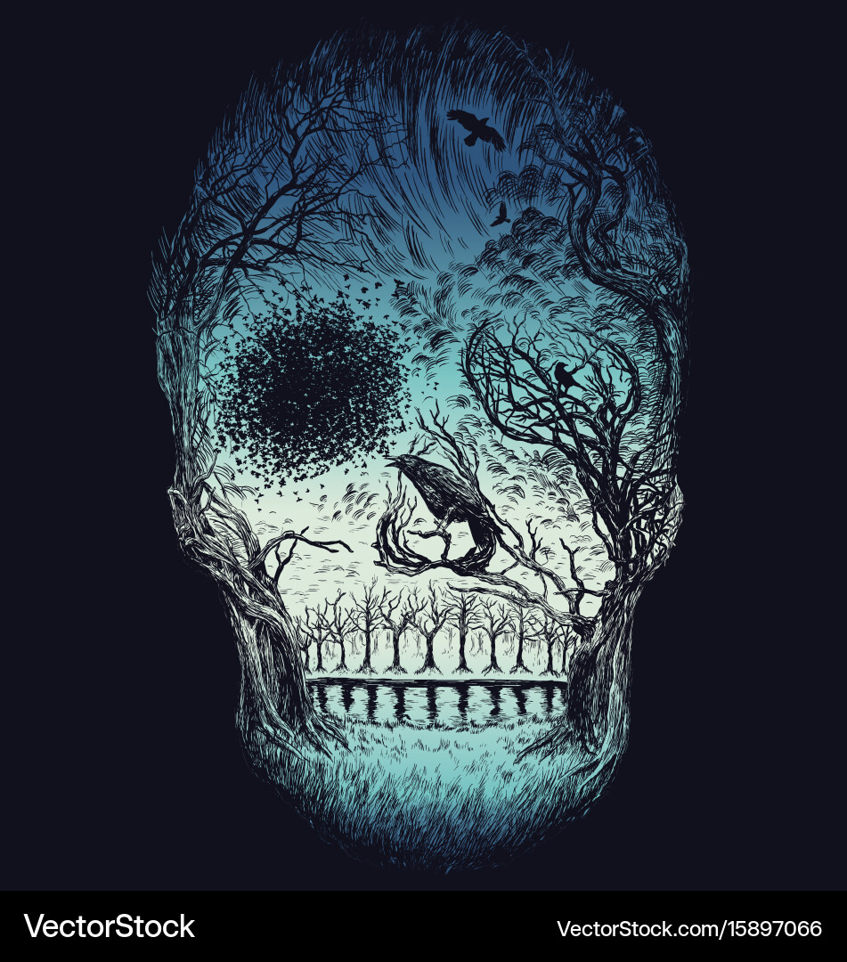 Hand drawn abstract skull made from trees and foli