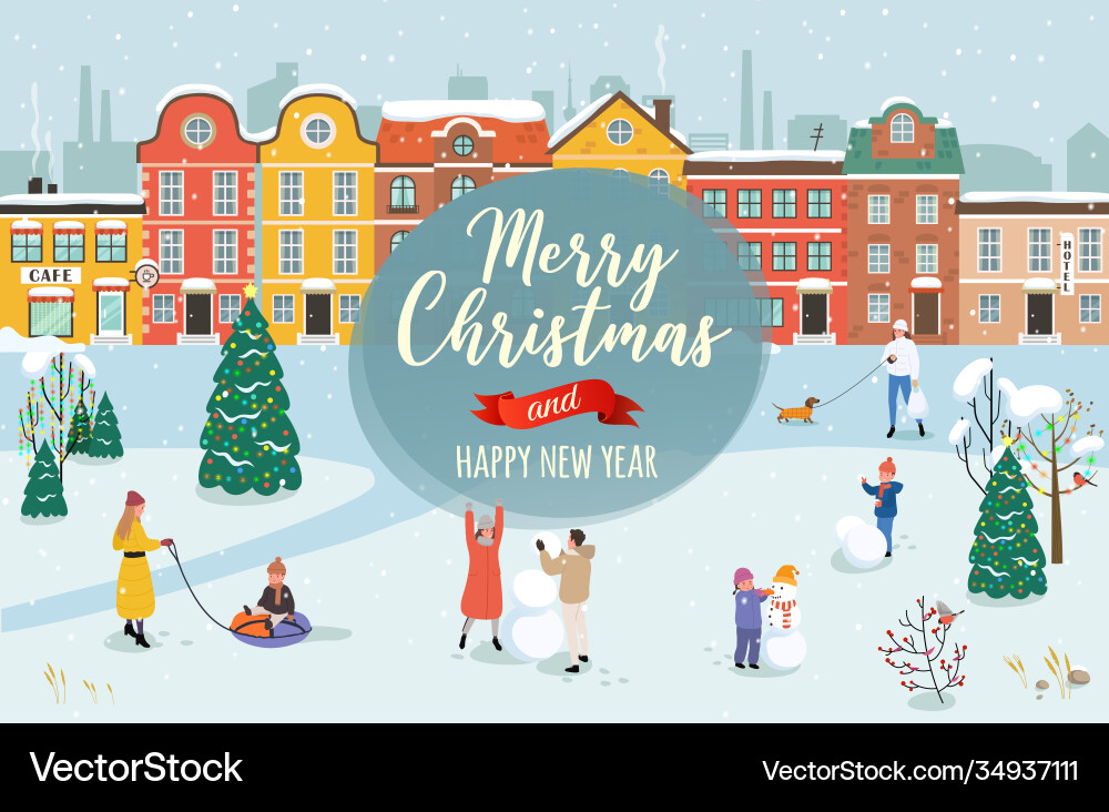 Winter christmas cityscape with active people Vector Image