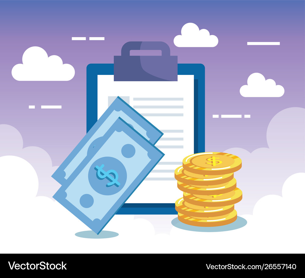 Document report with bills and coins money Vector Image