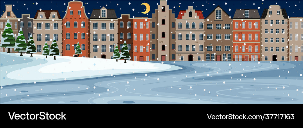 Snow falling horizontal scene at night Royalty Free Vector