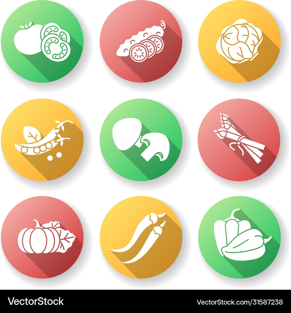 Veggie flat design long shadow glyph icons set Vector Image