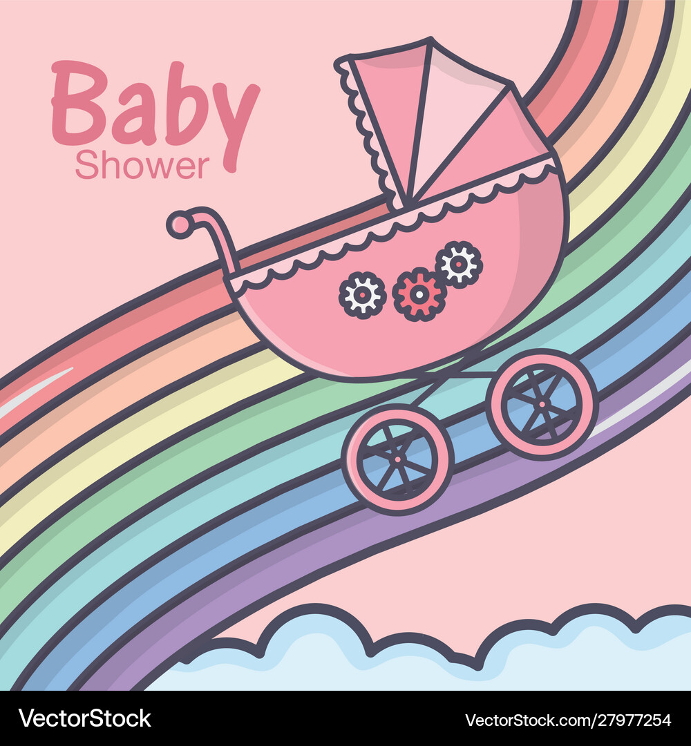 Baby shower pink pram rainbow clouds Royalty Free Vector