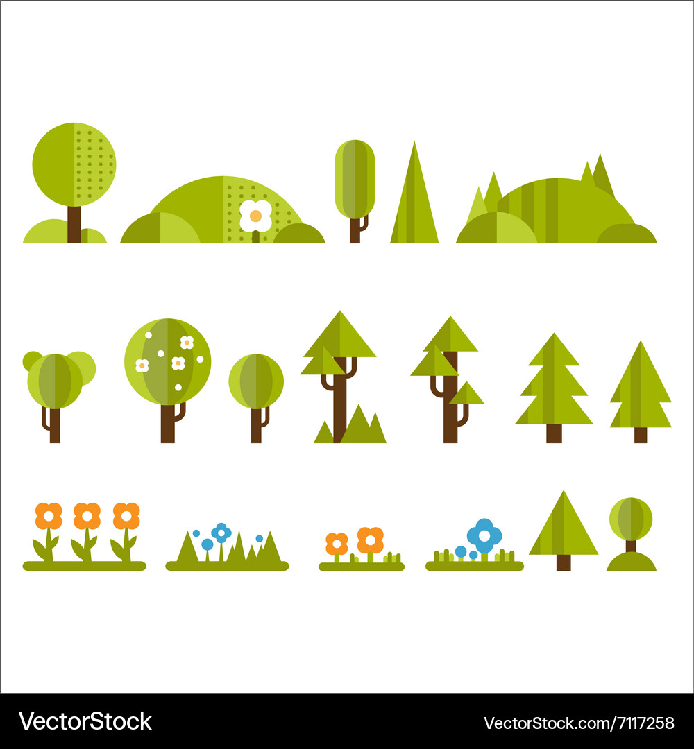 Trees bushes and flowers set in flat style Vector Image