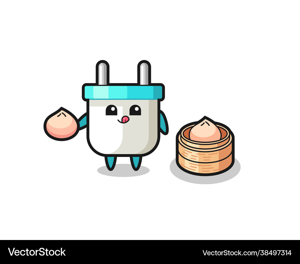 Cute electric plug character eating steamed buns Vector Image
