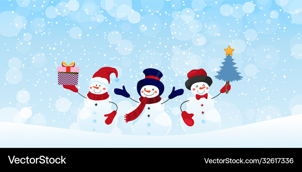 Group snowman characters with gifts Royalty Free Vector