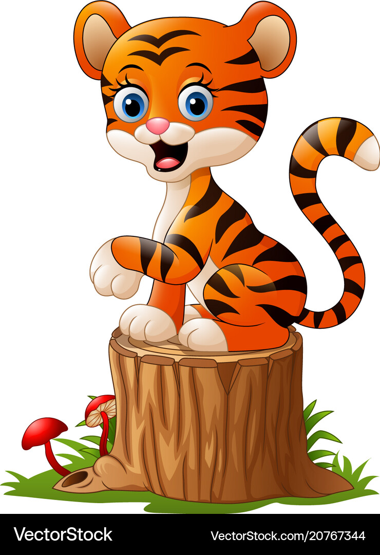 Cartoon tiger sitting on tree stump Royalty Free Vector