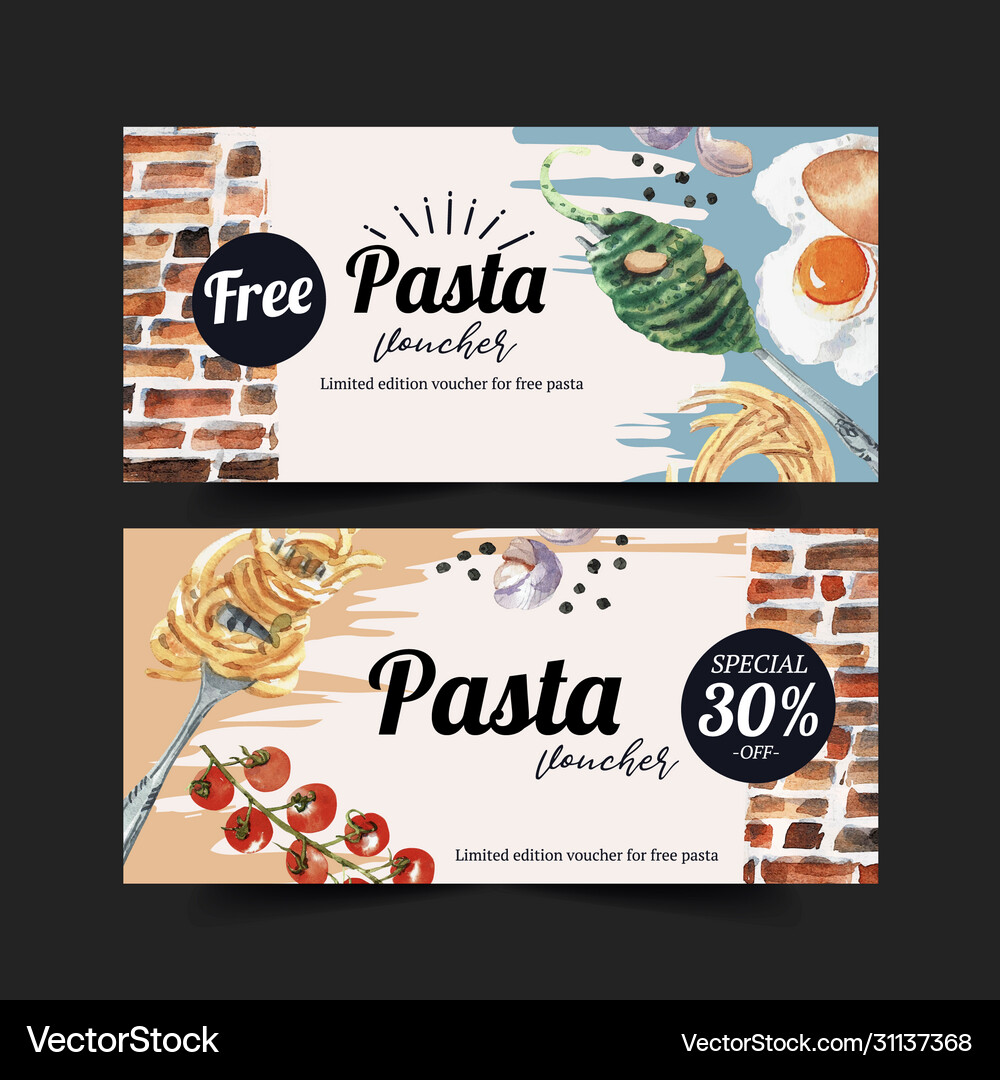 Pasta voucher design with fork egg tomato Vector Image