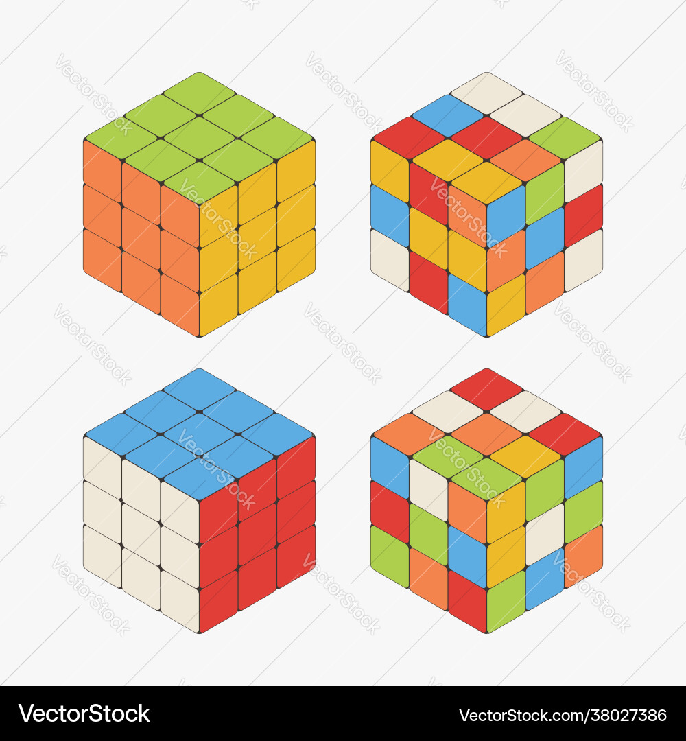 Rubik cubes in set isometric on white Royalty Free Vector