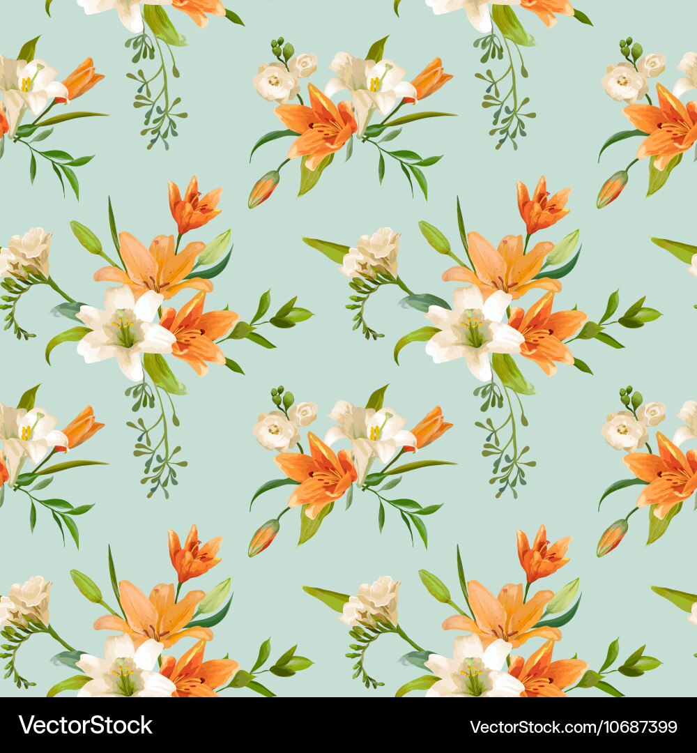 Spring lily flowers backgrounds - seamless pattern