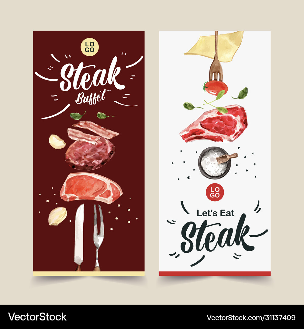 Steak flyer design with fresh meat tomato Vector Image