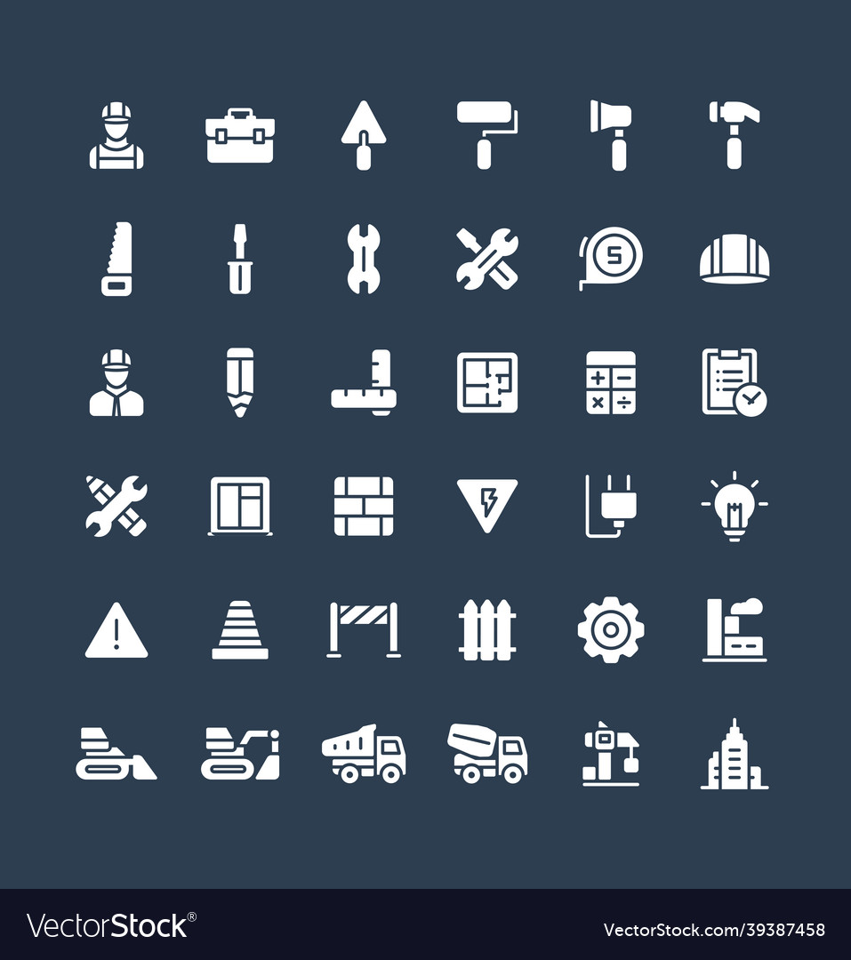 Solid icons set with construction Royalty Free Vector Image