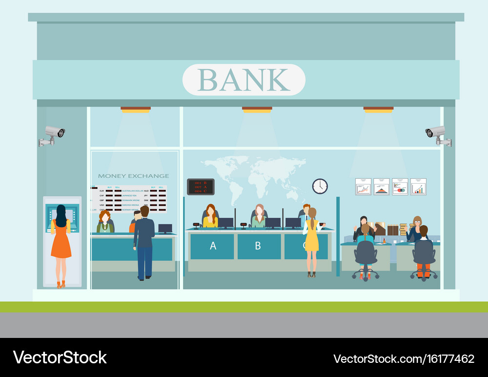 Bank building exterior and interior Royalty Free Vector