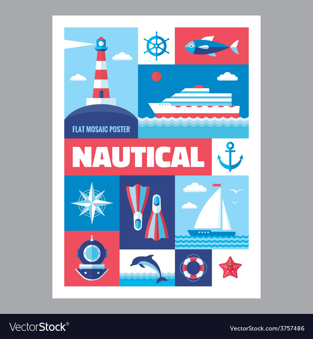 Nautical - poster with icons in flat design Vector Image