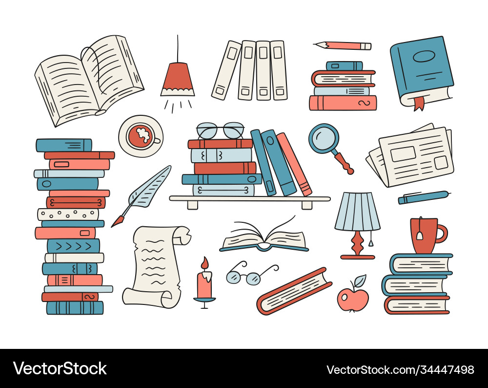 Stacks paper books home library bookshelf Vector Image