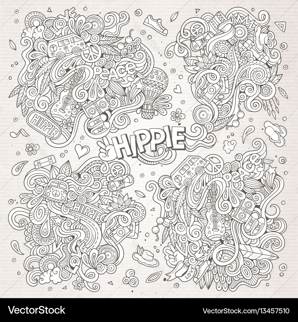 Line art set of doodle hippie designs Royalty Free Vector