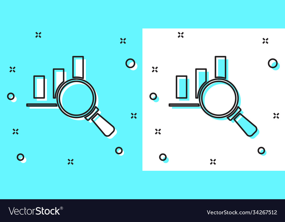 Black line magnifying glass and data analysis icon