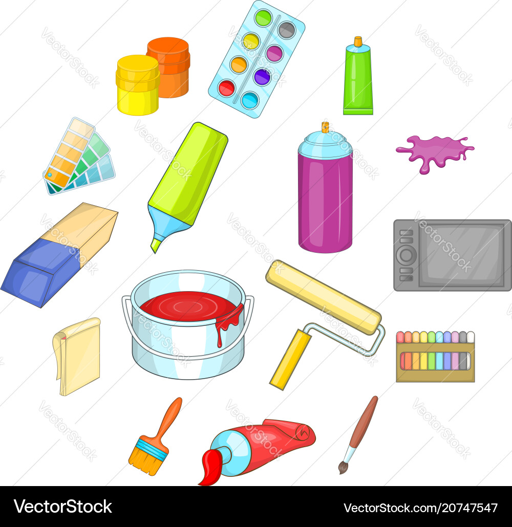 Painter tools icons set cartoon style Royalty Free Vector