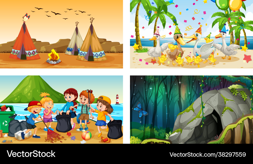 Four different scenes with children cartoon Vector Image