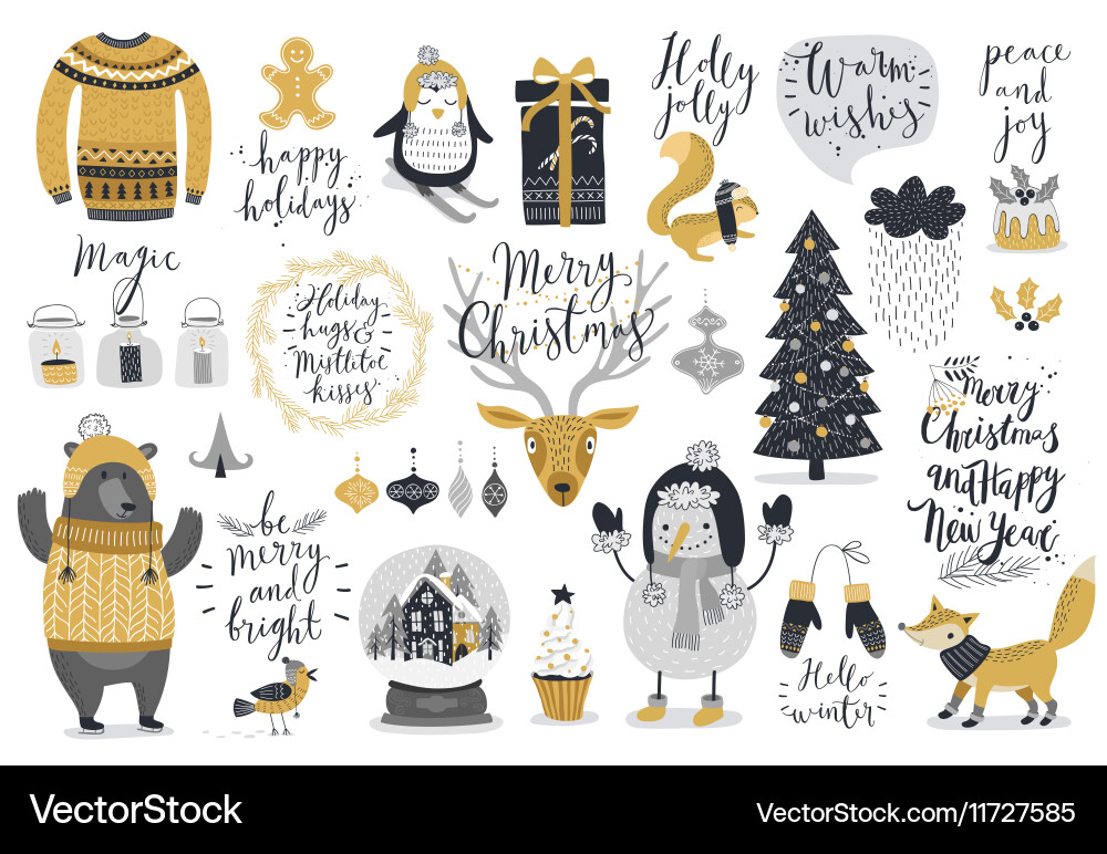 Christmas set hand drawn style - calligraphy Vector Image