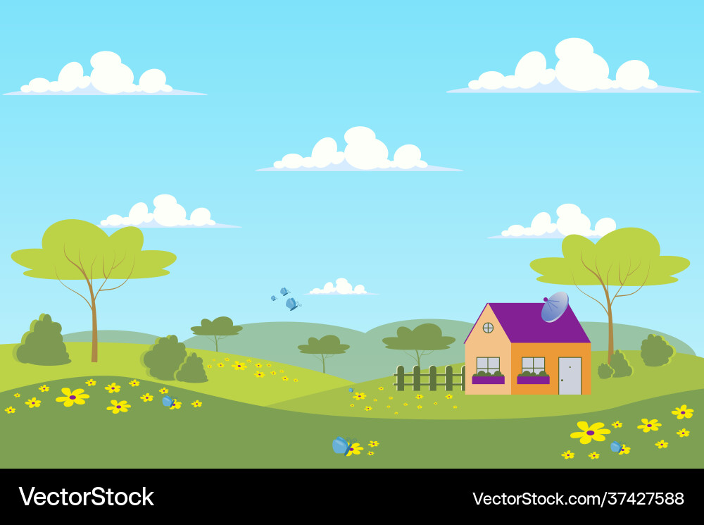Spring village landscape background Royalty Free Vector