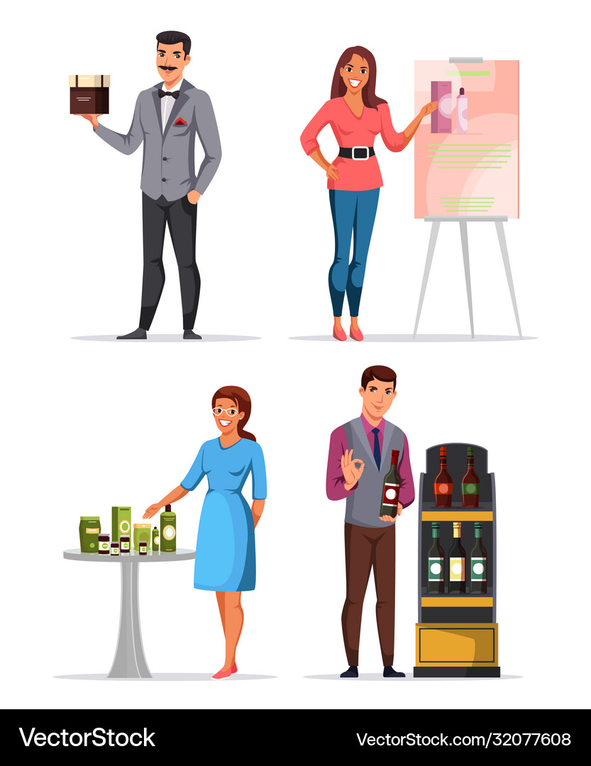 People characters presenting new goods cartoon set