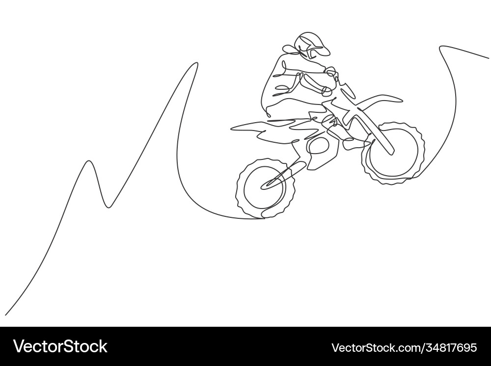 One continuous line drawing young motocross Vector Image
