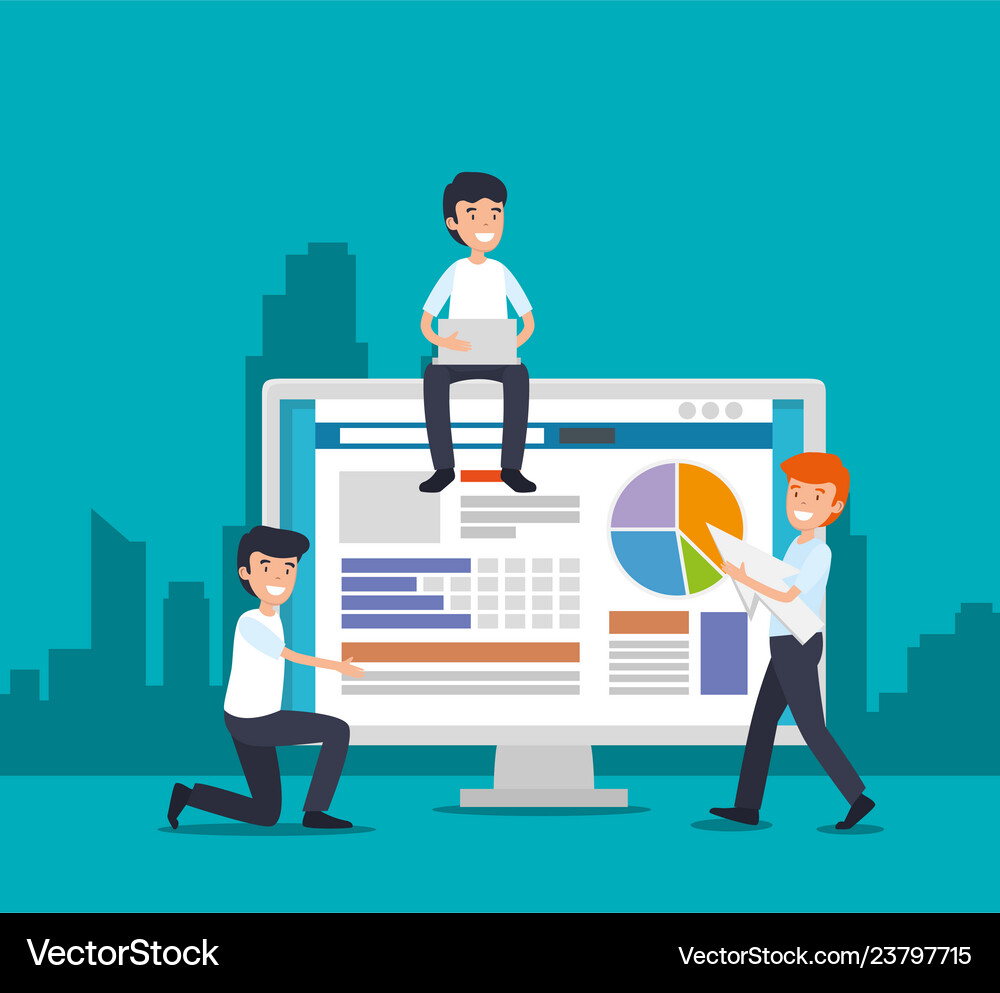 Men with computer technology and documents Vector Image