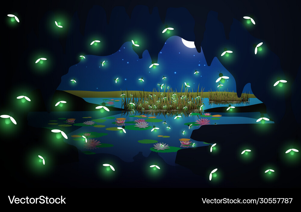 Firefly in cave at river Royalty Free Vector Image