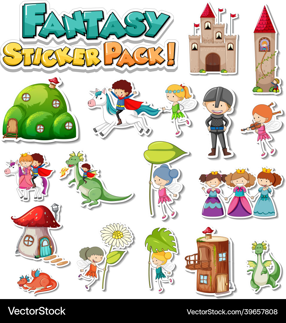 Sticker set with different fantasy cartoon Vector Image