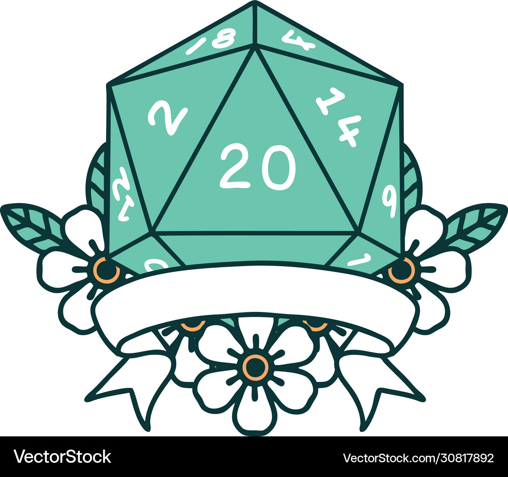 Natural 20 critical hit d20 dice roll Royalty Free Vector