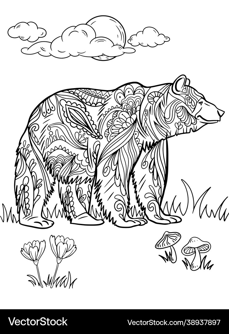 Large bear standing side view on grass fields Vector Image
