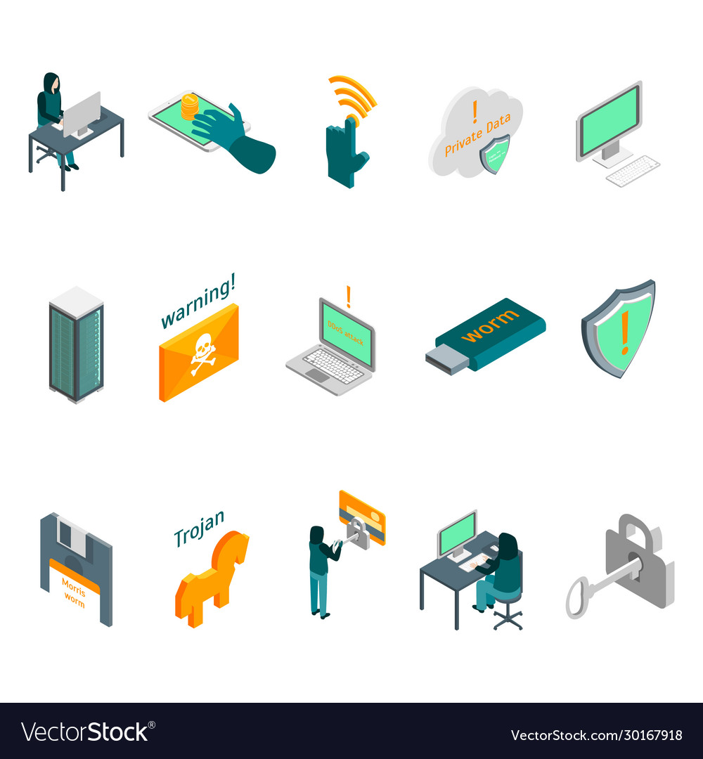 Hacker attack concept icon set 3d isometric view Vector Image Hacker attack concept icon set 3d isometric view Vector Image