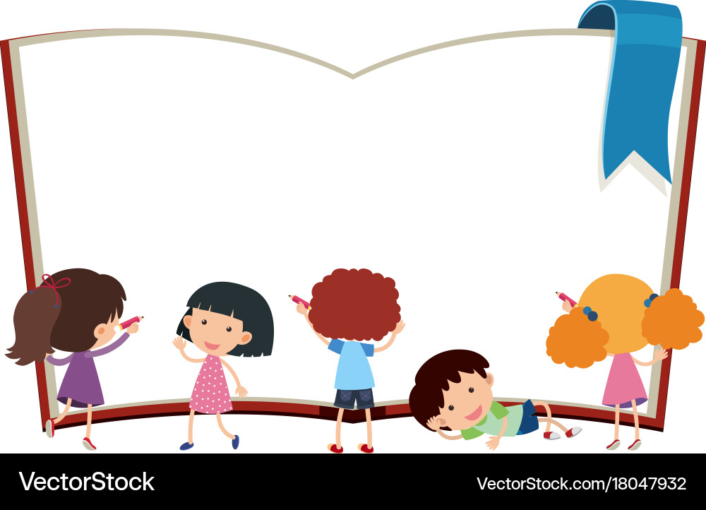 Border template with kids and book Royalty Free Vector Image