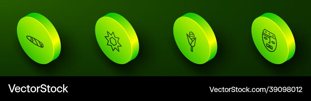 Set isometric line cigar sun corn and aztec mask Vector Image